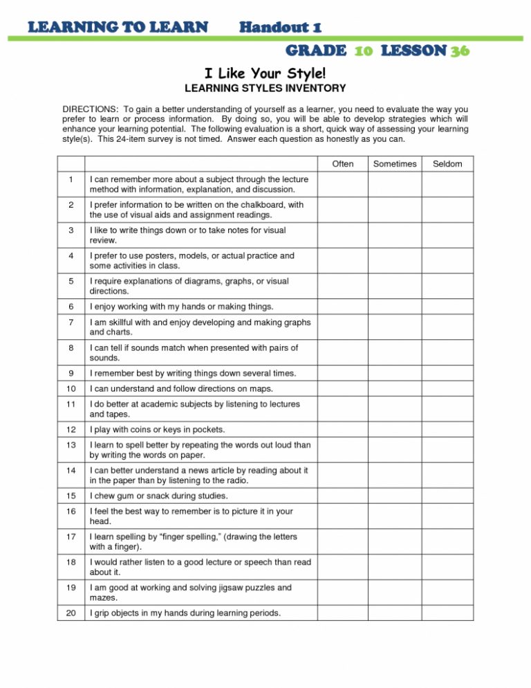 15 Best Images Of Learning Styles Worksheet Printable - Printable ...