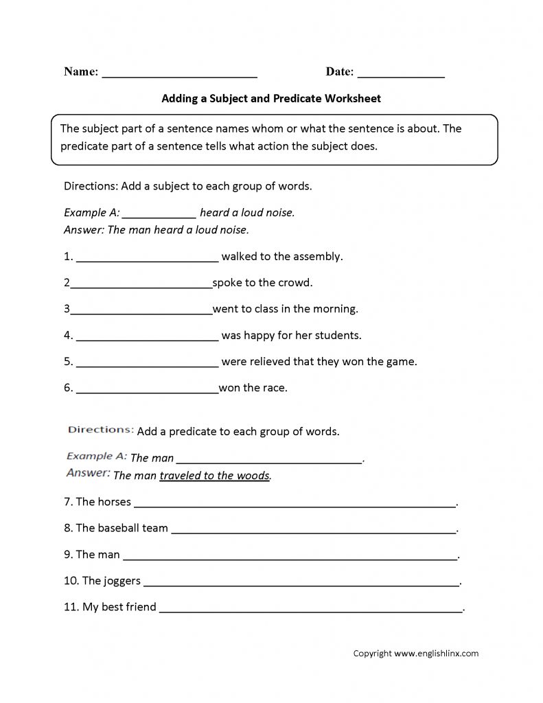 Adding A Subject And Predicate Worksheet | Englishlinx Board - Free ...