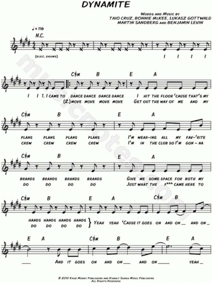 Dynamite Piano Sheet Music Free Printable | Free Printable - Dynamite ...