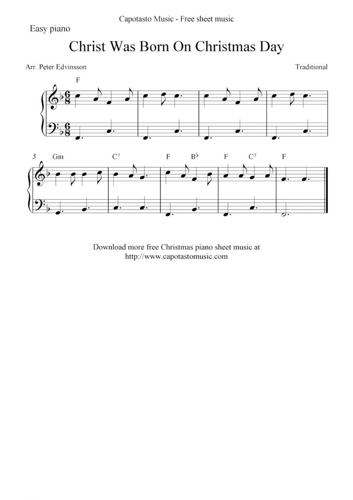Free Easy Christmas Piano Sheet Music, Christ Was Born On Christmas Day ...