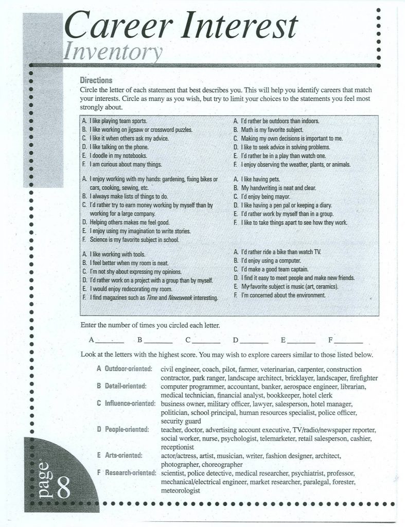 Printable Career Interest Survey For High School Students Free