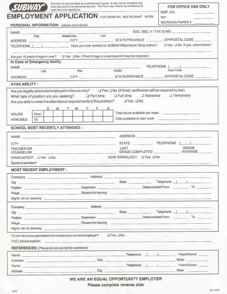 Free Printable Subway Job Application Form - Free Printable Taco Bell ...