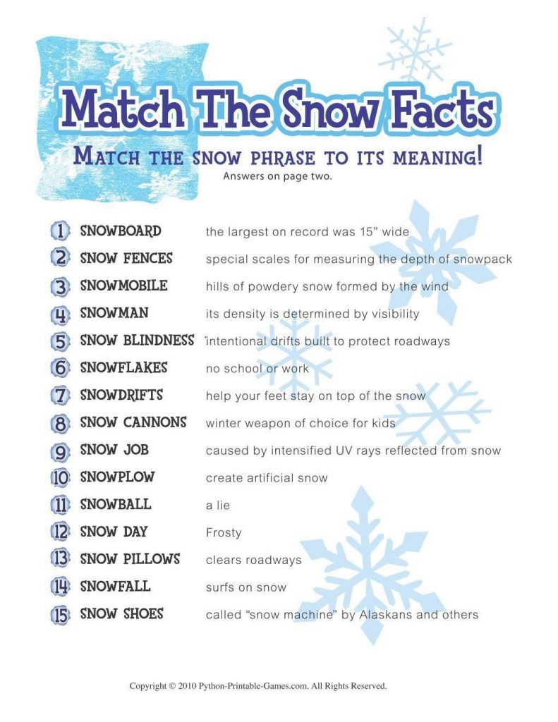 Free Printable Winter Game Match The Snow Facts Download | Winter ...