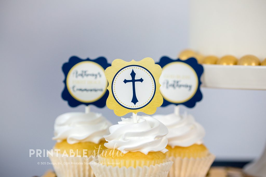 Navy And Gold First Communion Cupcake Toppers - Printable Studio - Free ...