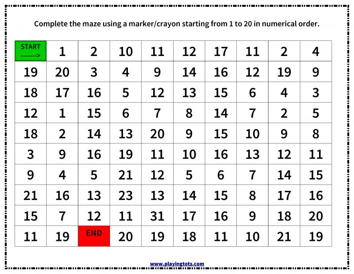 Number Maze Worksheet,order,free,printable,1,20,toddler,preschool ...