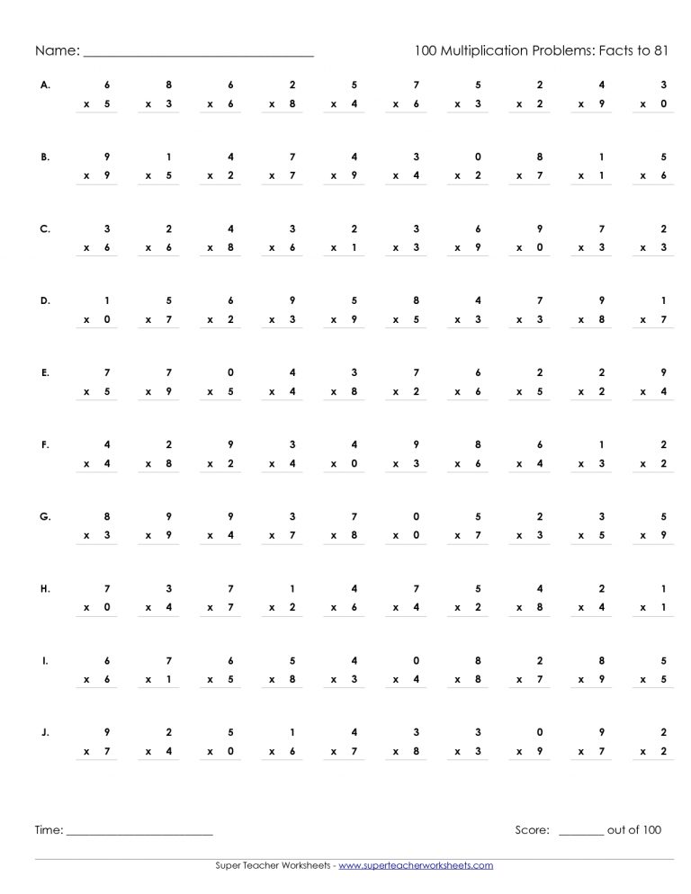 Printable Multiplication Worksheets 100 Problems | Math' S - Free ...