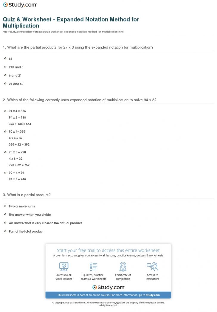 Quiz & Worksheet - Expanded Notation Method For Multiplication - Free Printable Expanded ...