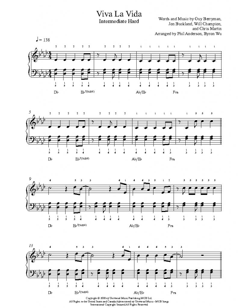 Viva La Vidacoldplay Piano Sheet Music | Intermediate Level - Free ...